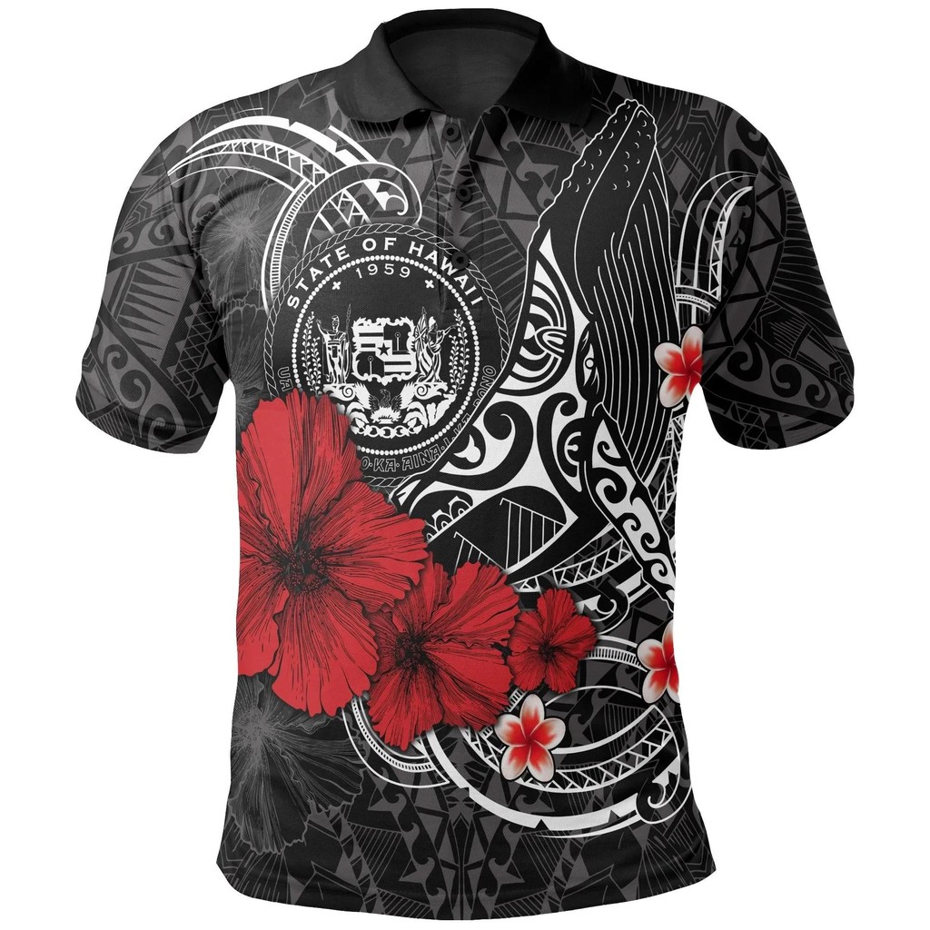 Polynesian Hawaii Polo Shirt - Humpback Whale with Hibiscus (White ...