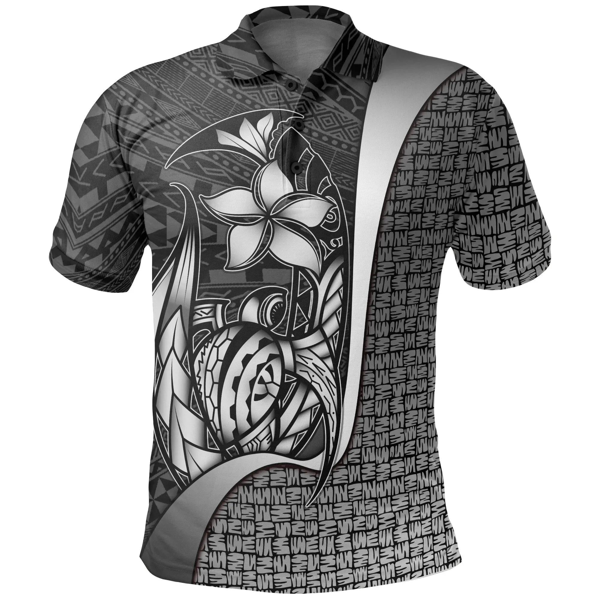 Polynesian Polo Shirt White - Turtle with Hook - Bluefink