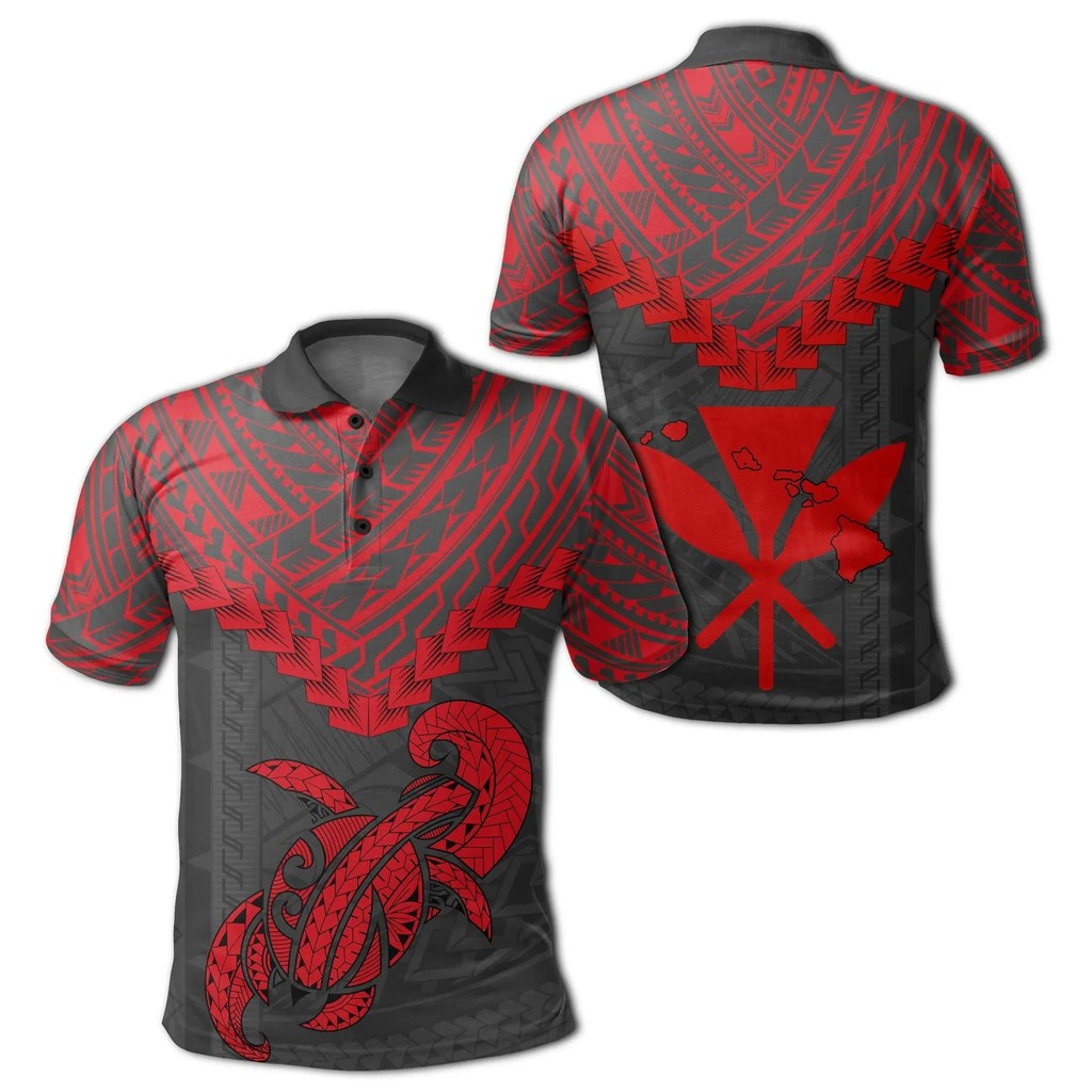 Polynesian Turtle Kanaka Map Hawaii Polo Shirt - Red - Ti Style - Bluefink