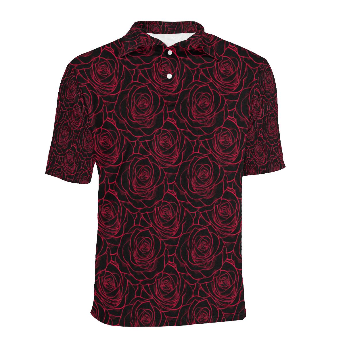 Red Rose Design Print Men Polo Shirt - Bluefink