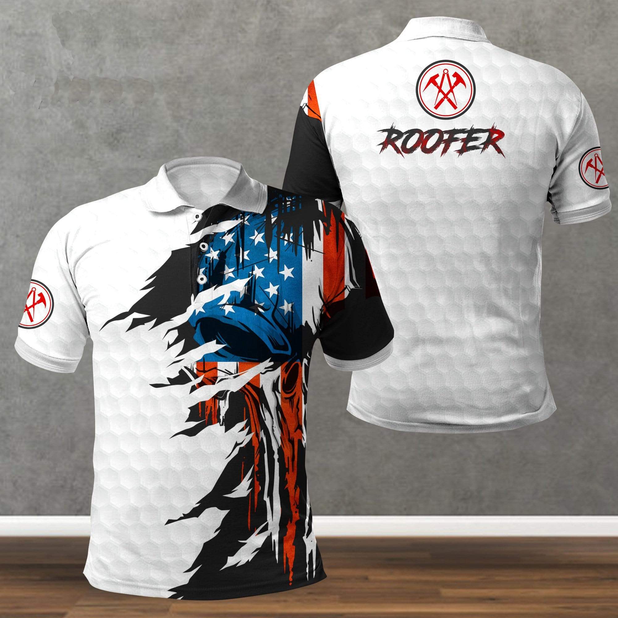 Roofer American Skull Flag White Polo Shirt - Bluefink
