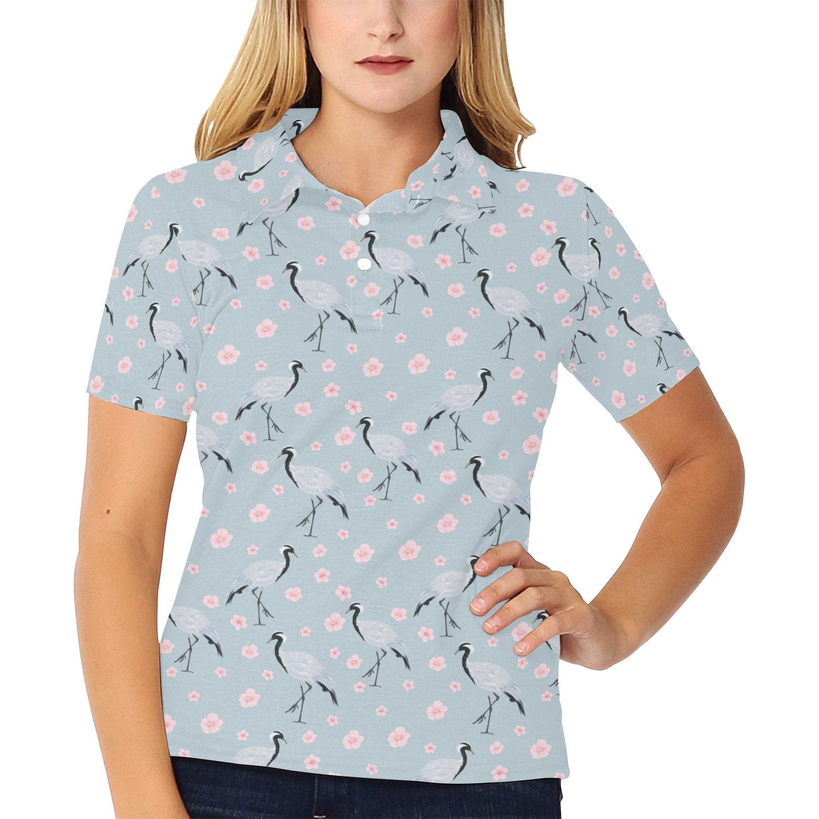 Sakura Bird Print Design Women's Polo Shirt - Bluefink
