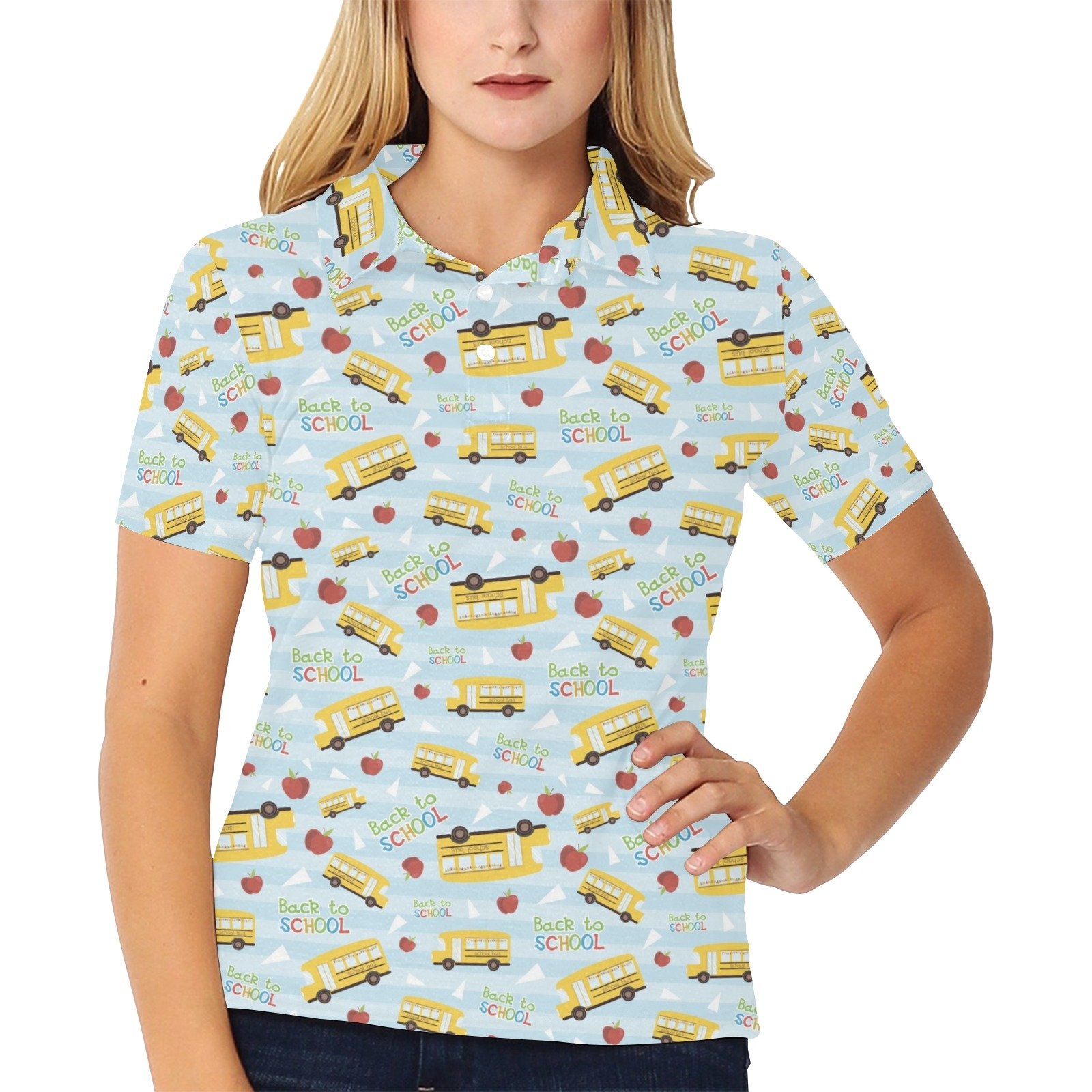 School Bus Back To School Print Design Women's Polo Shirt - Bluefink
