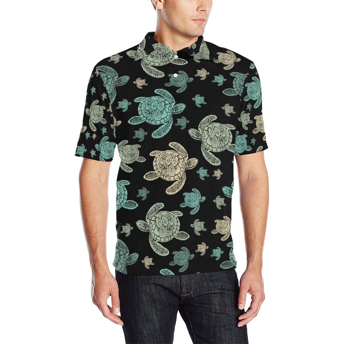 Sea Turtle Stamp Pattern Men Polo Shirt - Bluefink