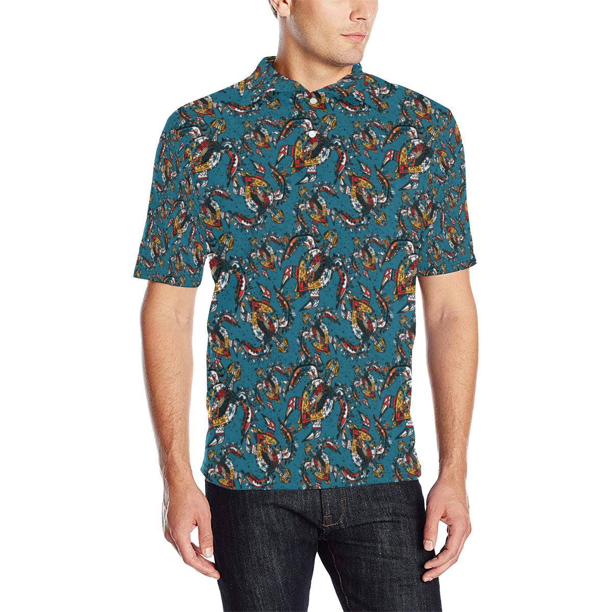 Sea Turtle Tribal Colorful Hand Drawn Men Polo Shirt - Bluefink