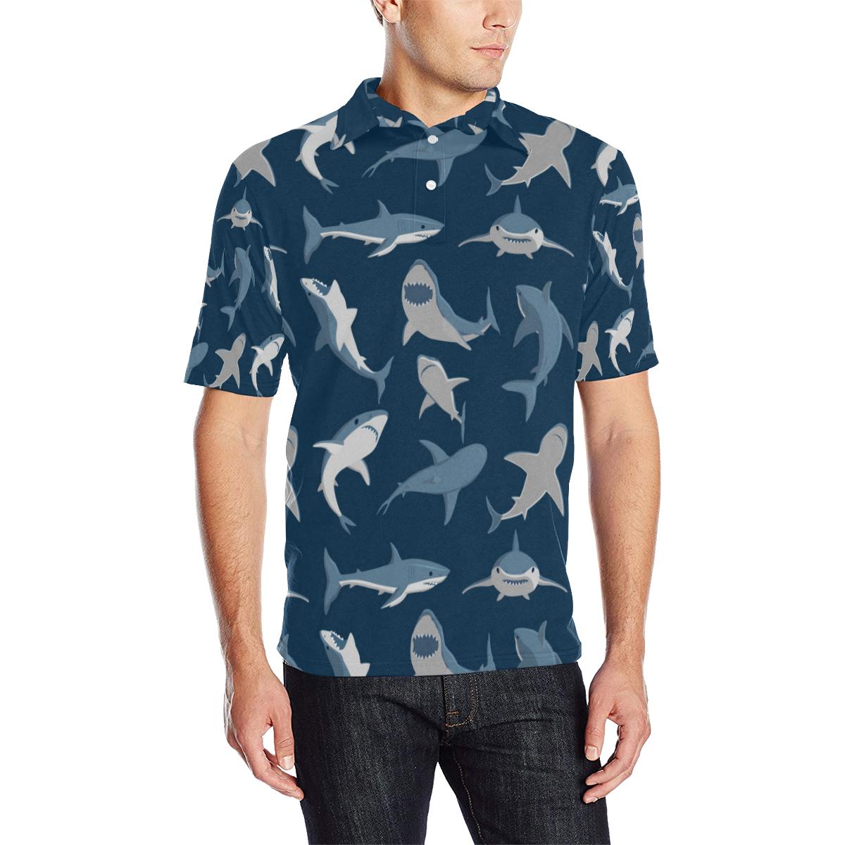 Shark Action Pattern Men Polo Shirt - Bluefink