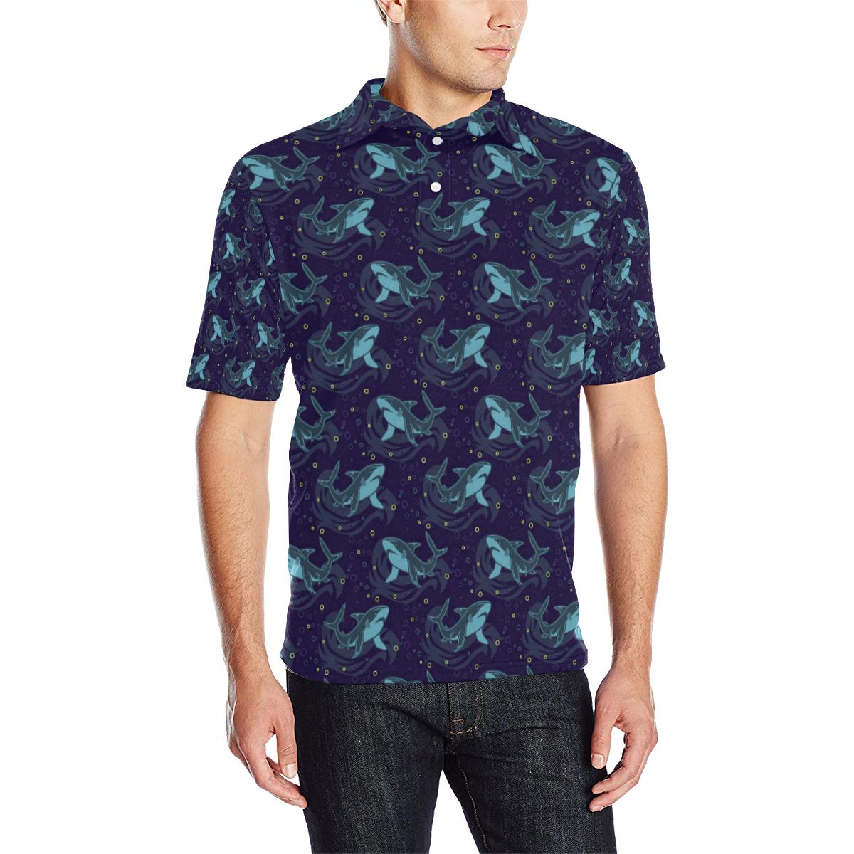 Shark Themed Print Men Polo Shirt - Bluefink