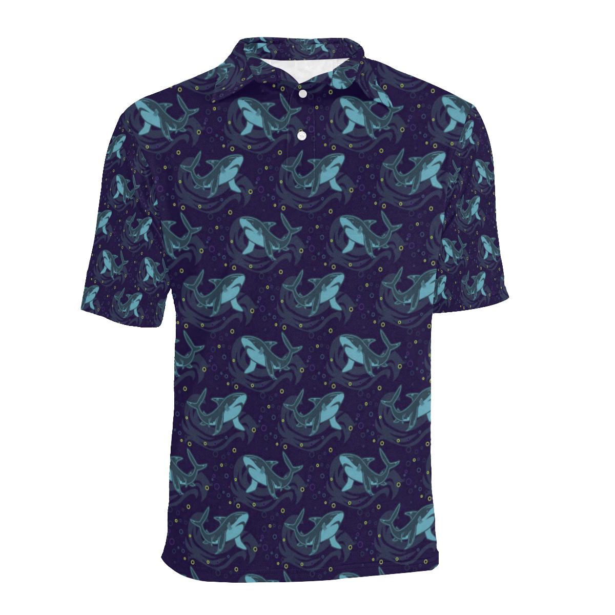 Shark Themed Print Men Polo Shirt - Bluefink
