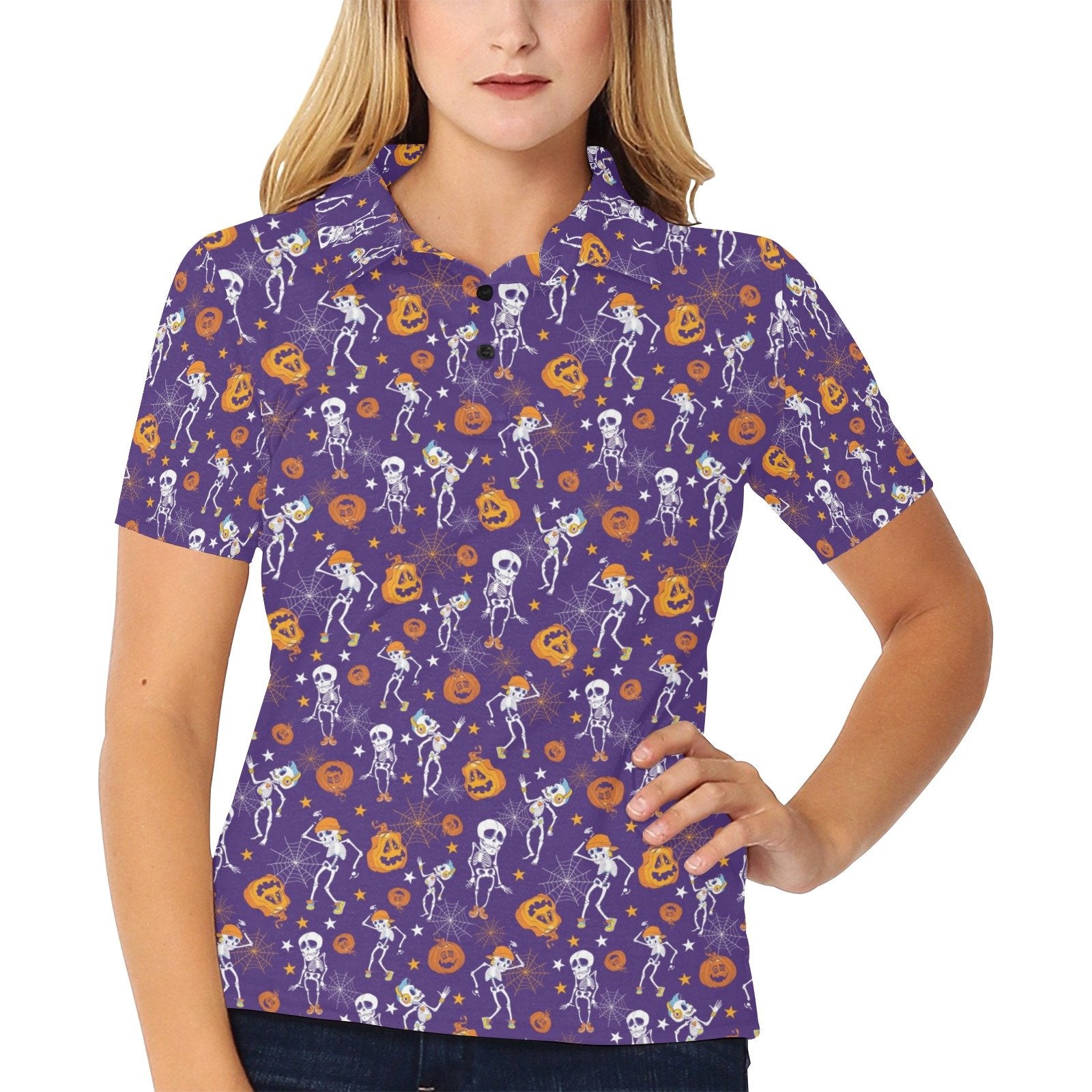 Skeleton Halloween Dance Print Design Women's Polo Shirt - Bluefink