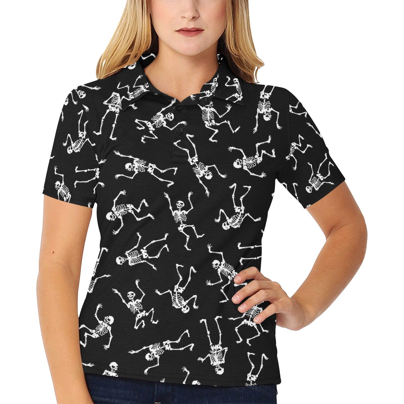 Skeleton Print Design Women's Polo Shirt - Bluefink