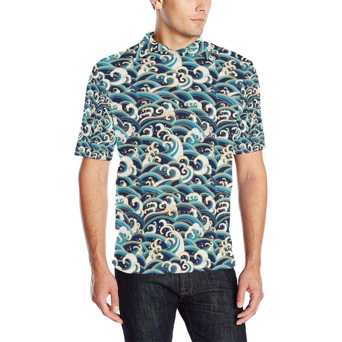 Surf Wave Pattern Men Polo Shirt - Bluefink