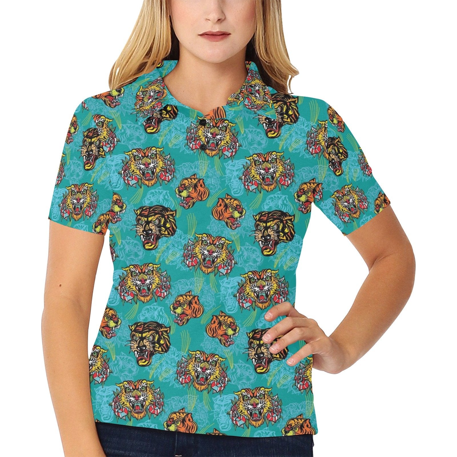 Tattoo Tiger Head Print Design Women's Polo Shirt - Bluefink