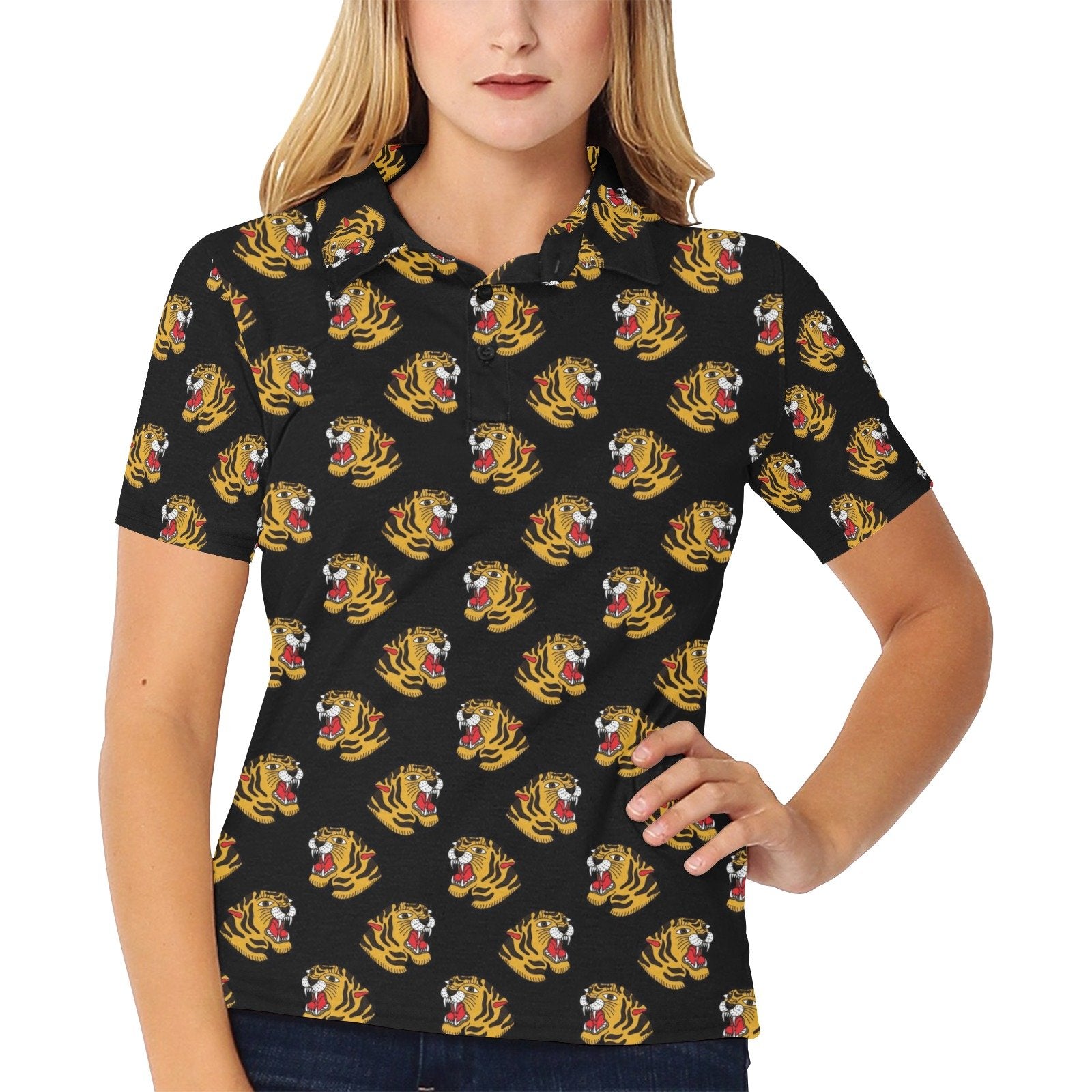 Tiger Head Print Design Women's Polo Shirt - Bluefink
