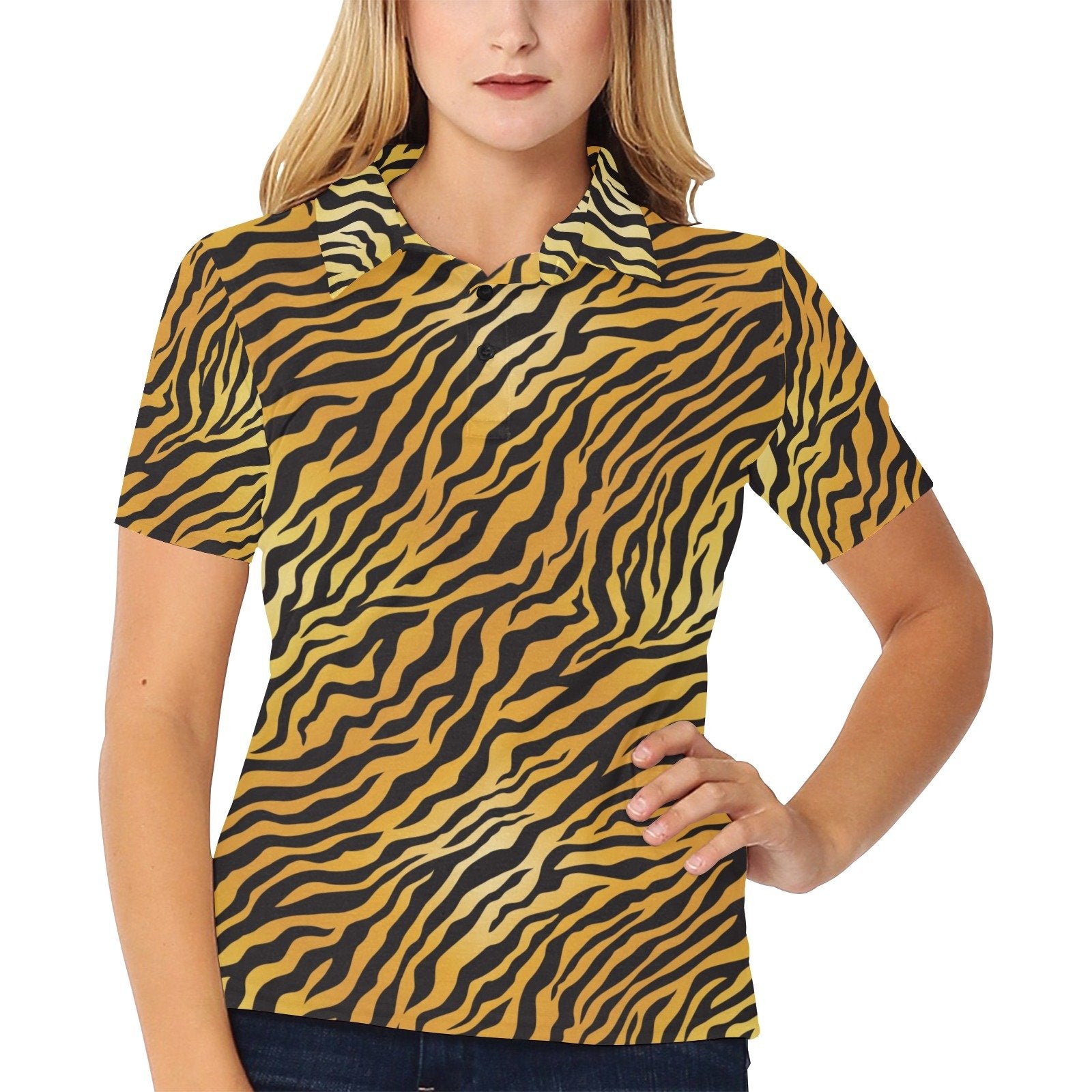 Tiger Print Design Women's Polo Shirt - Bluefink