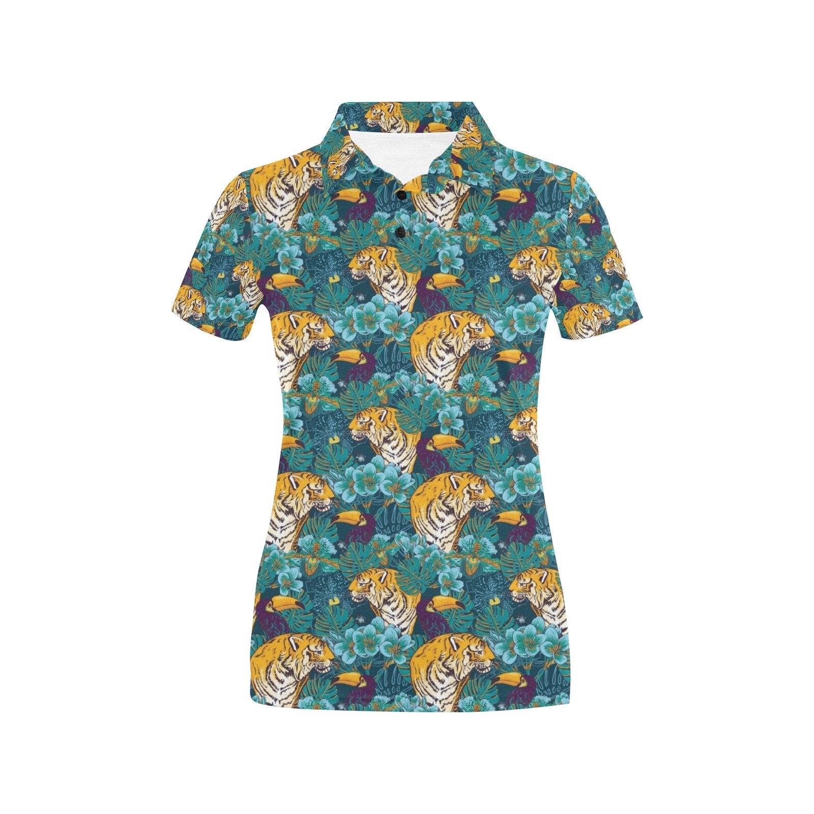 Tiger Tropical Print Design Women's Polo Shirt - Bluefink