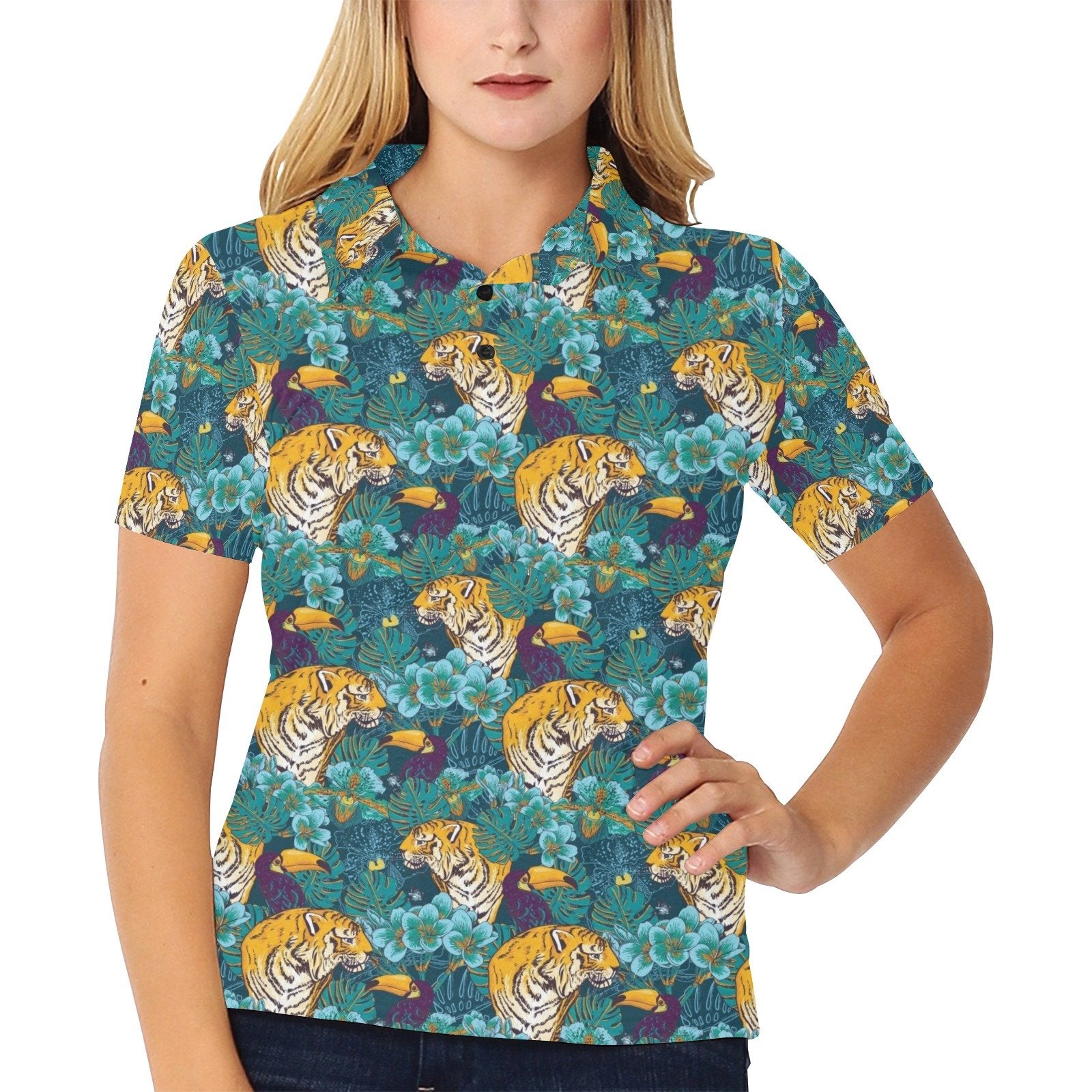 Tiger Tropical Print Design Women's Polo Shirt - Bluefink