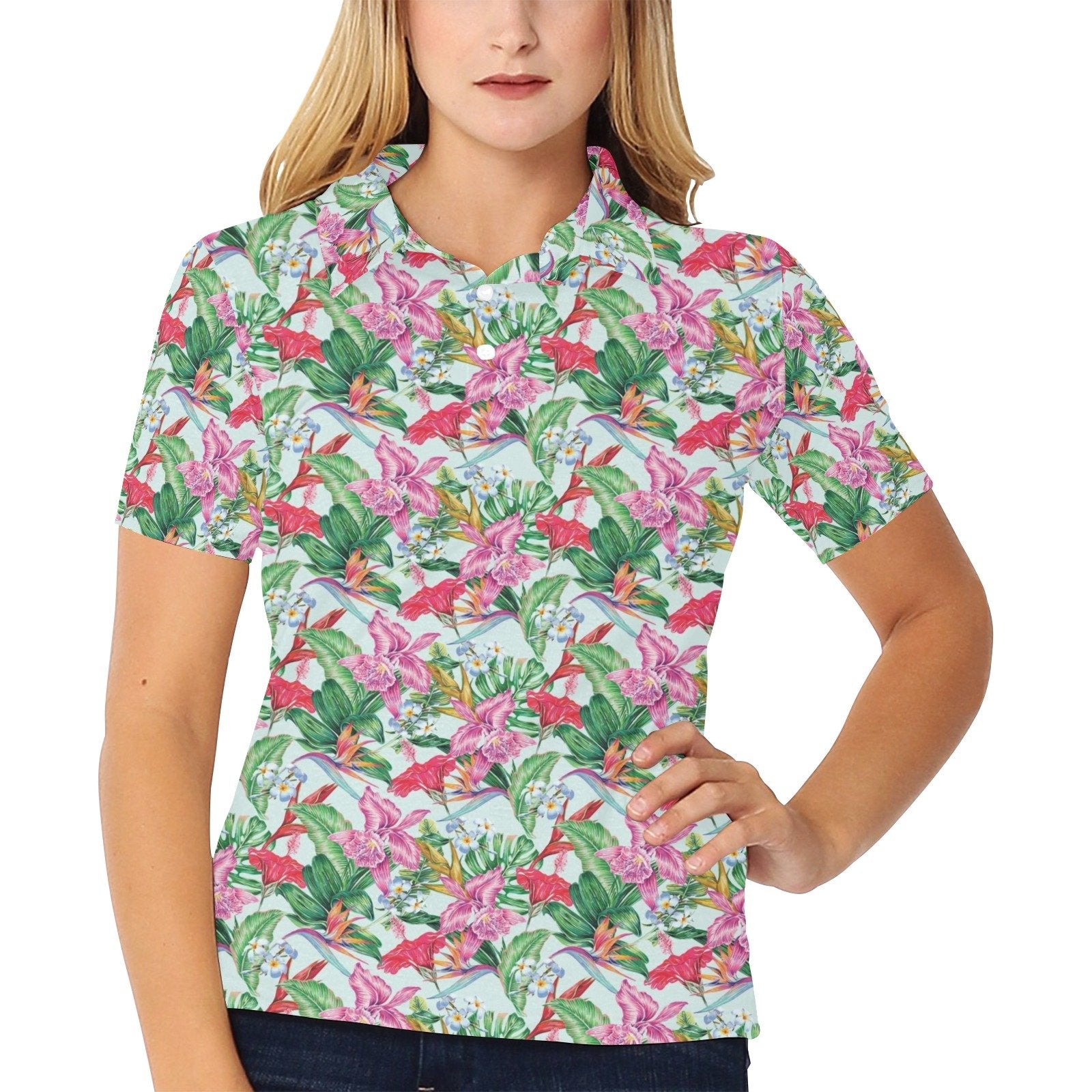 Tropical Flower Print Design Women's Polo Shirt 3D Polo Shirt A2 - Bluefink