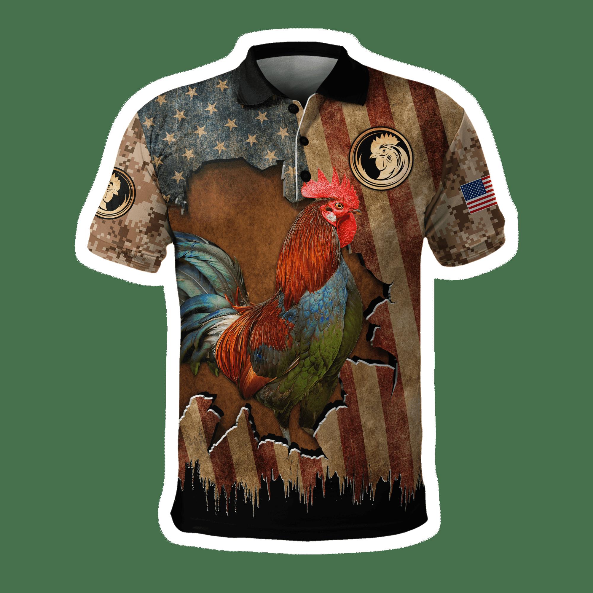 Vintage Rooster In Farm American Flag Polo Shirt - Bluefink