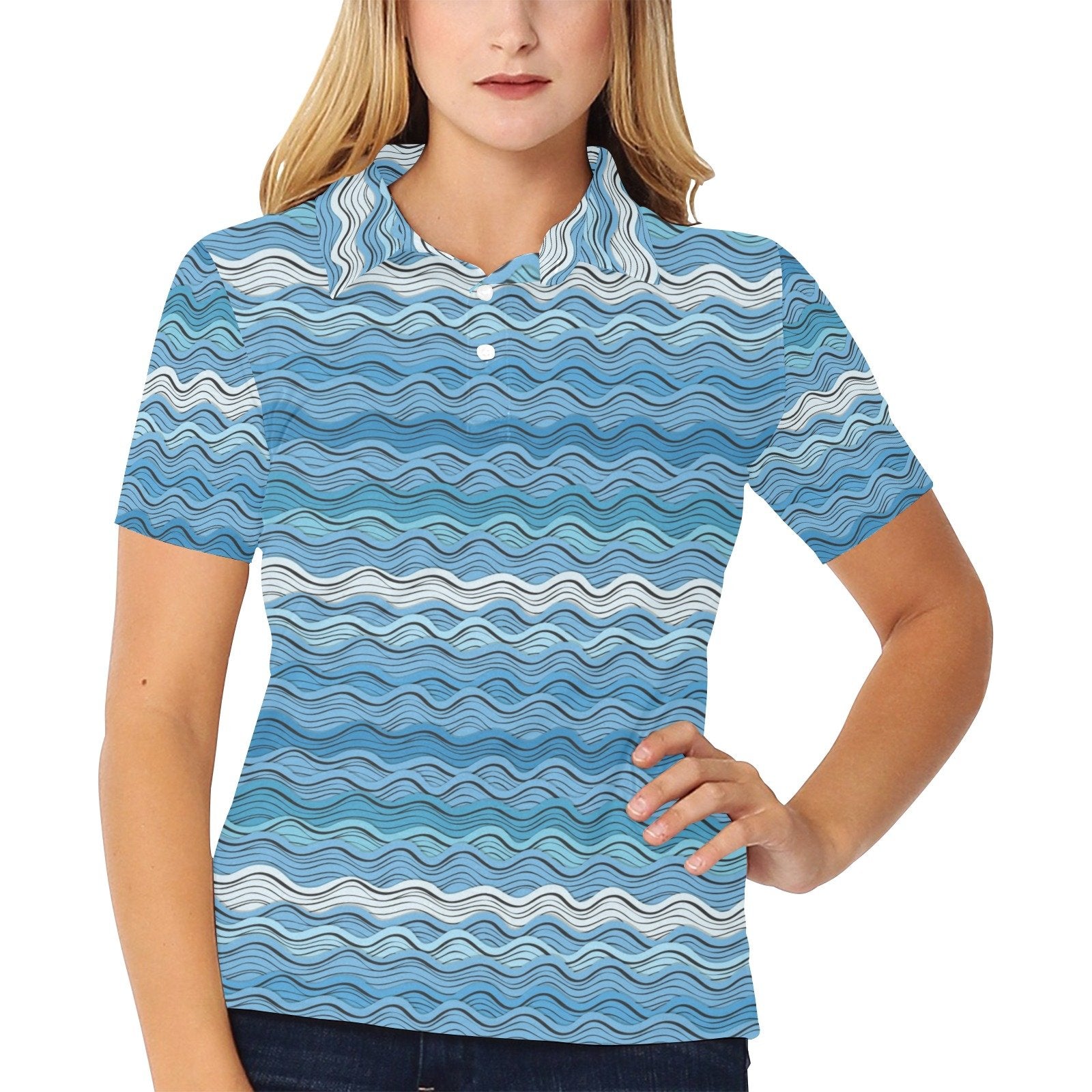 Wave Print Design Women's Polo Shirt 3D Polo Shirt A1 - Bluefink