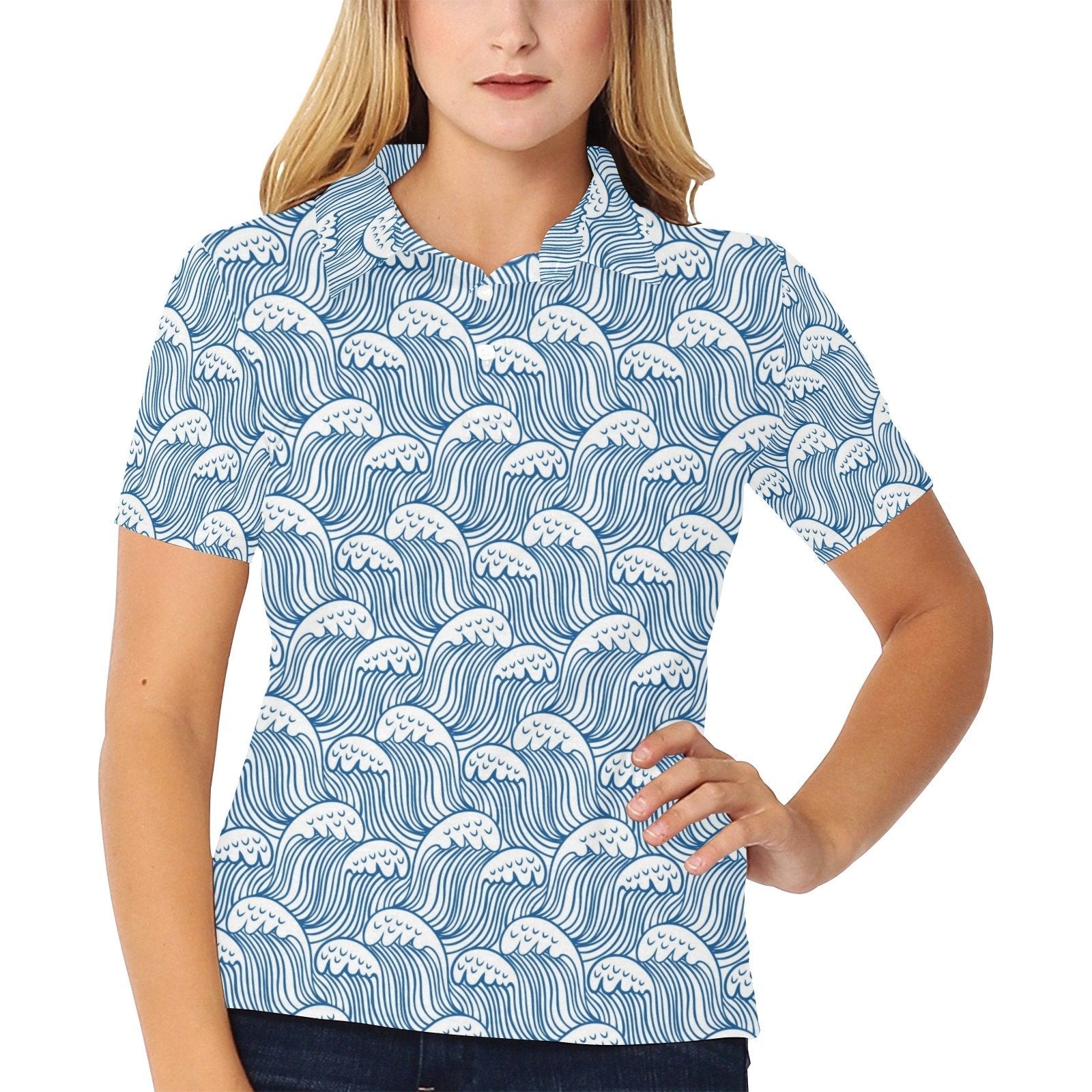 Wave Print Design Women's Polo Shirt 3D Polo Shirt A2 - Bluefink