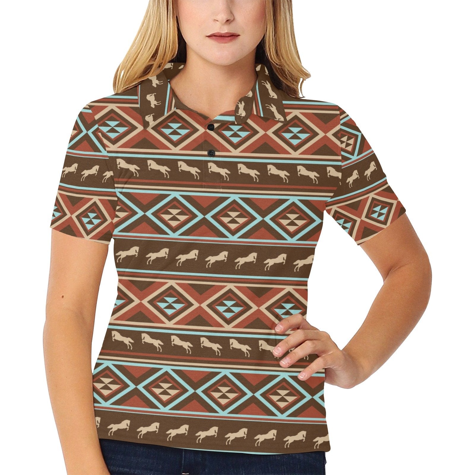 Western Horse Pattern Print Women's Polo Shirt - Bluefink