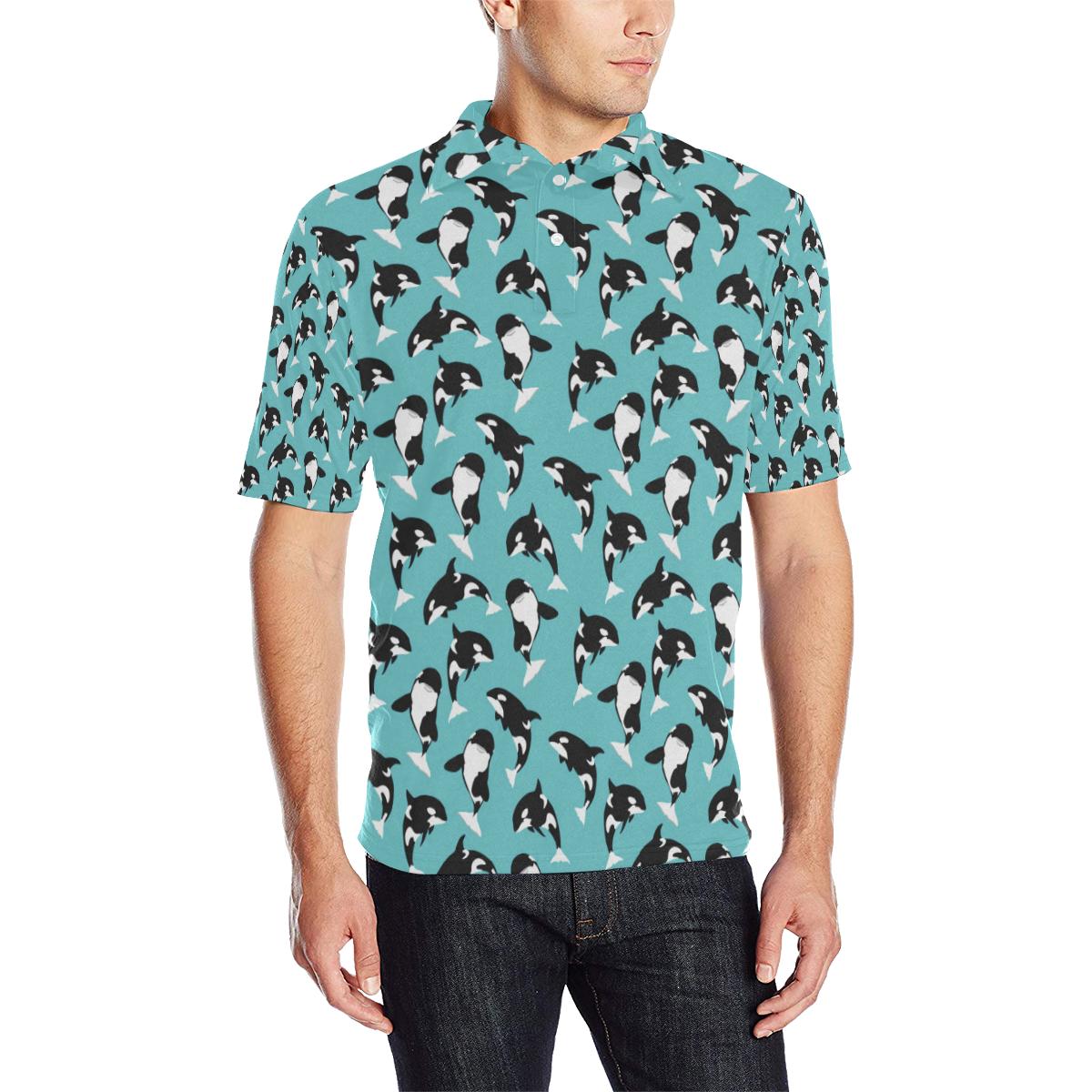 Whale Action Design Themed Print Men Polo Shirt - Bluefink