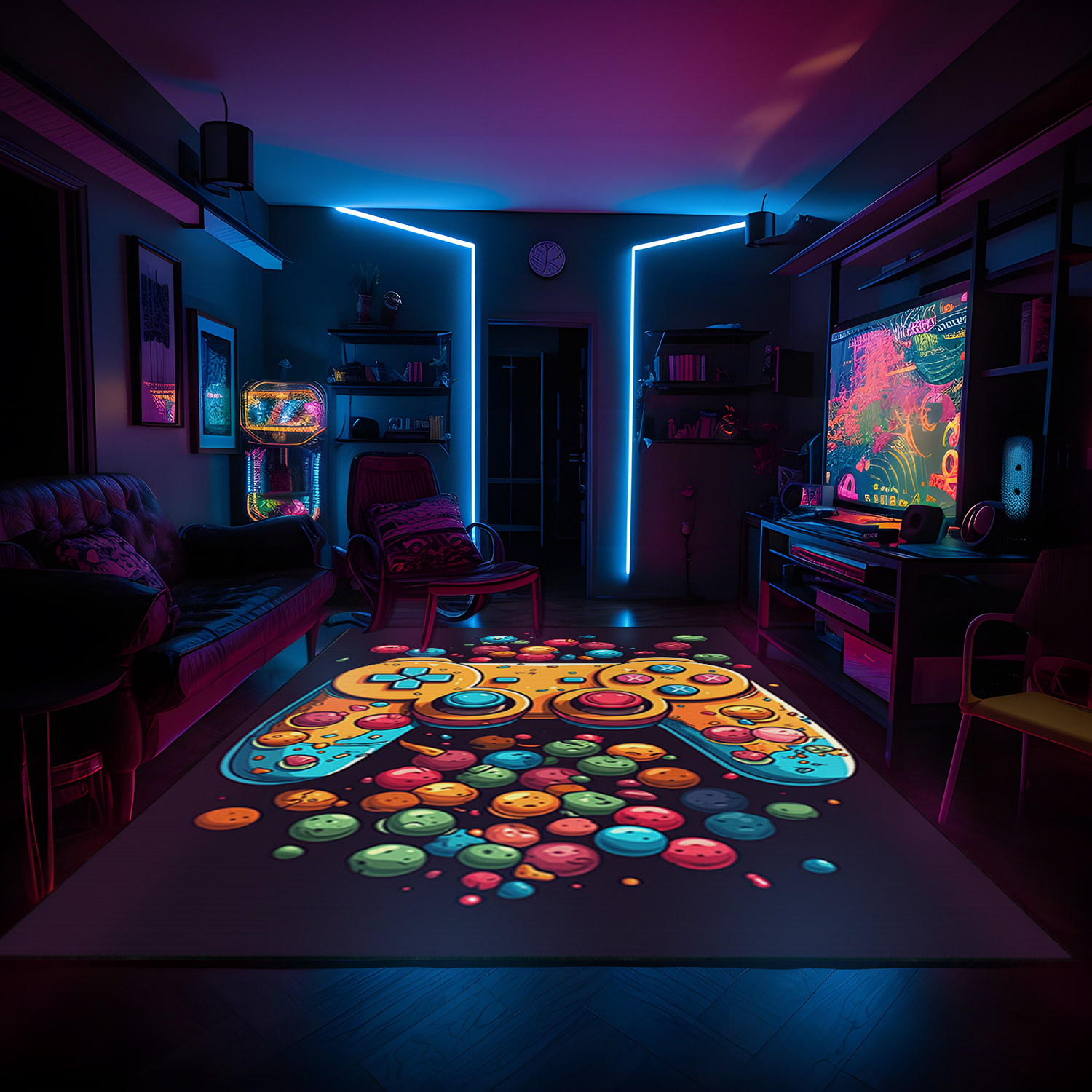 Unique Game Room with Customizable Shufflezone Game Controller Carpet ...