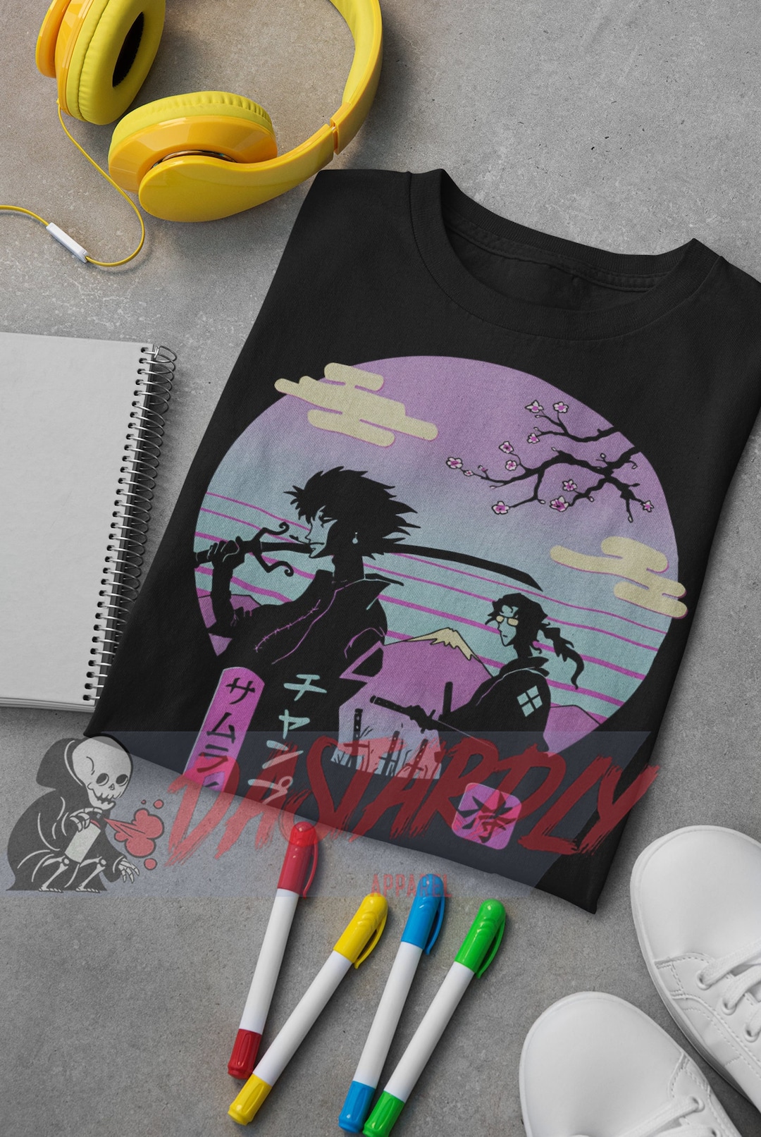 Samurai Retro Anime Unisex Tee - Silhouette Painting Manga Shirt - Bluefink