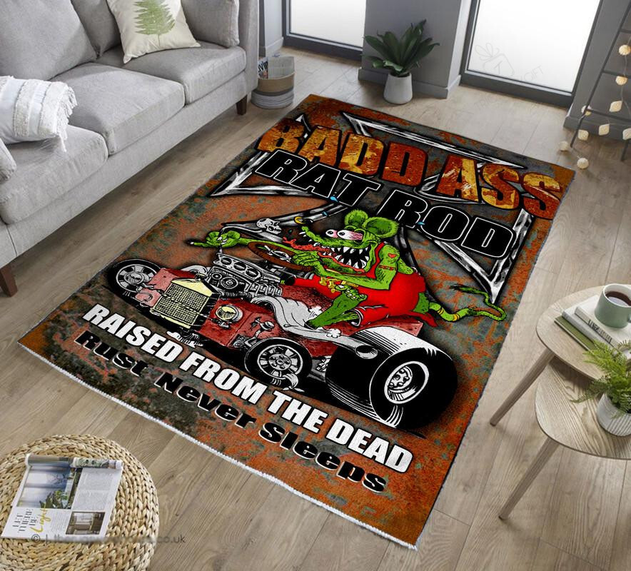 Badd Ass Rat Rod Rat Fink Rug Hot Rod Rug for Garage - Bluefink