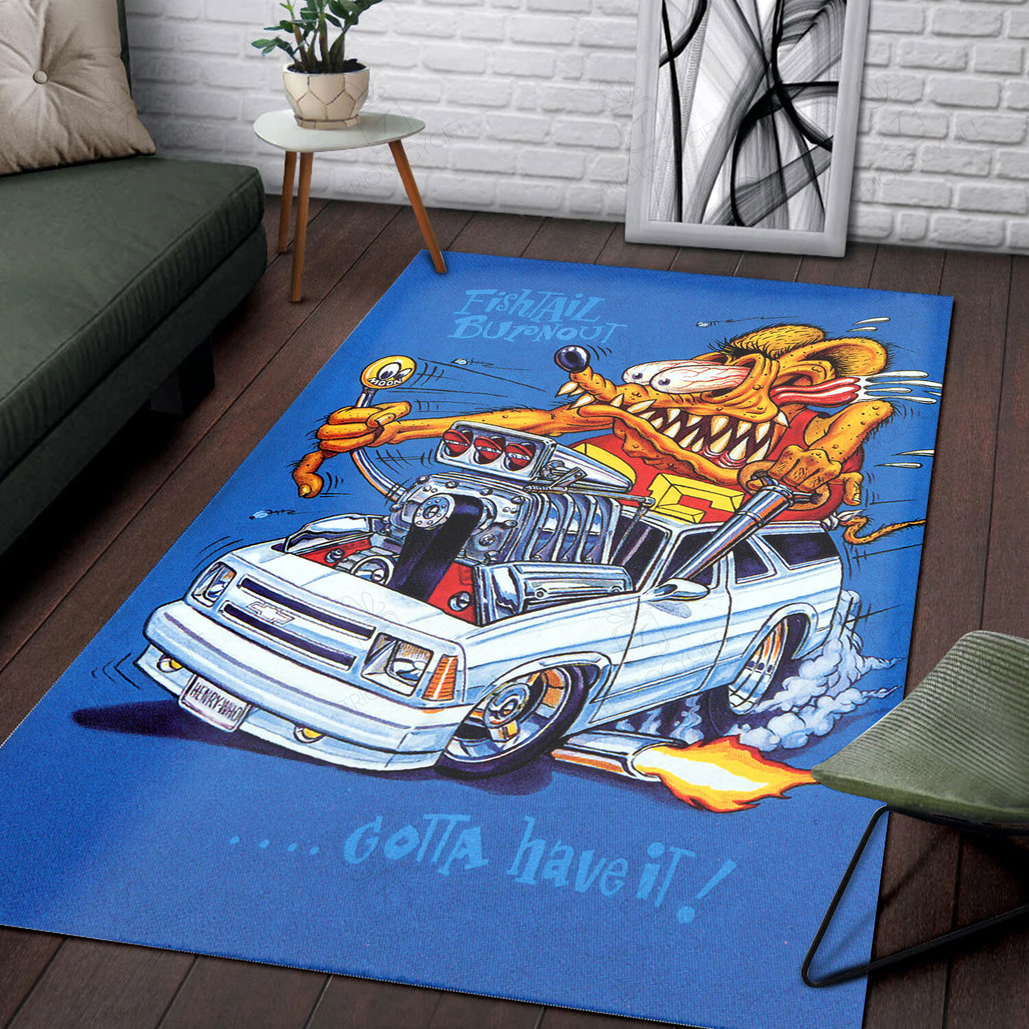 Chevy Rat Fink Gotta Have It Rat Fink Rug Hot Rod Rug for Garage - Bluefink