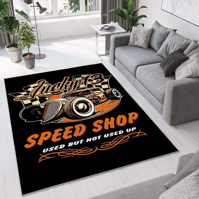 Lucky 13 Speed Shop Hot Rod Rat Rod Rug for Garage Decoration - Bluefink