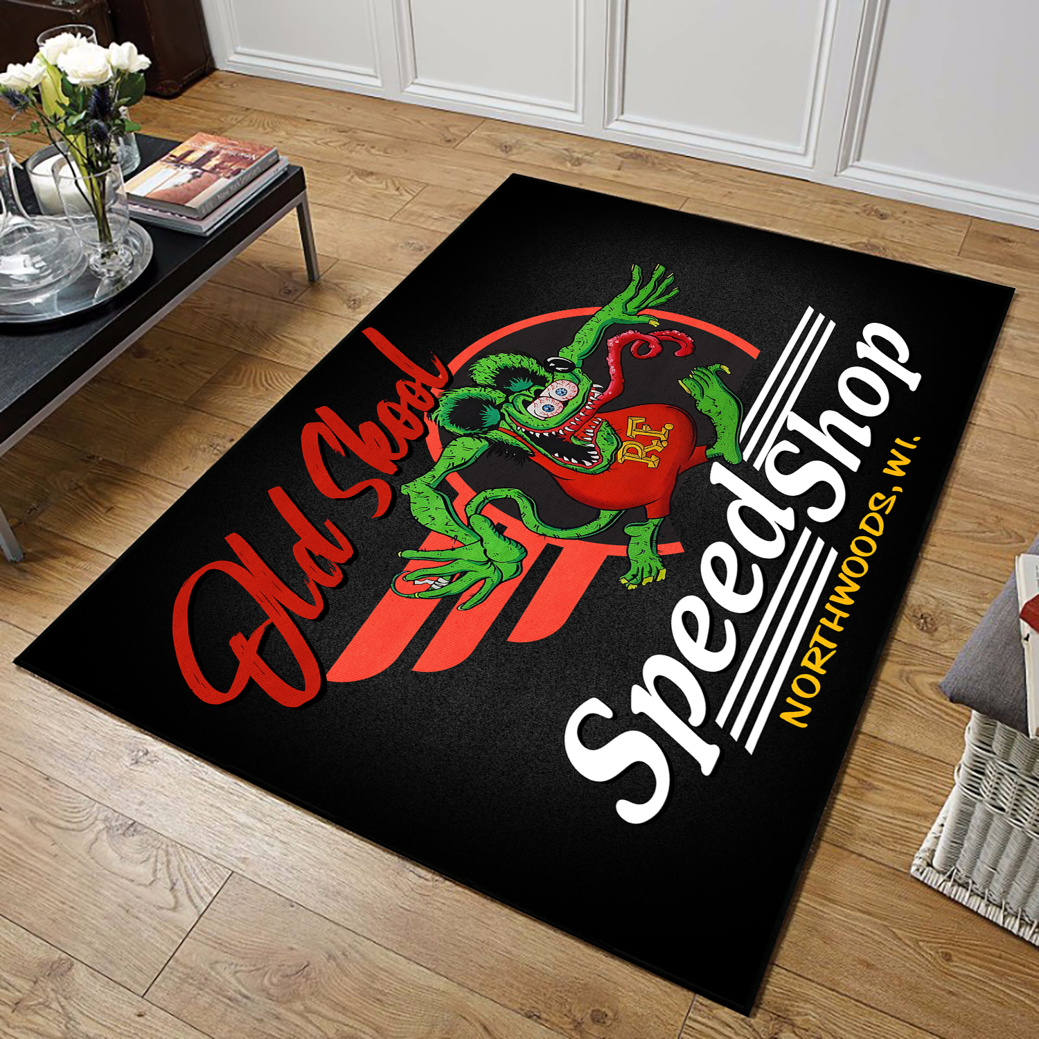 Personalized Hot Rod Speed Shop Area Rug - Featuring Rat Fink - Bluefink