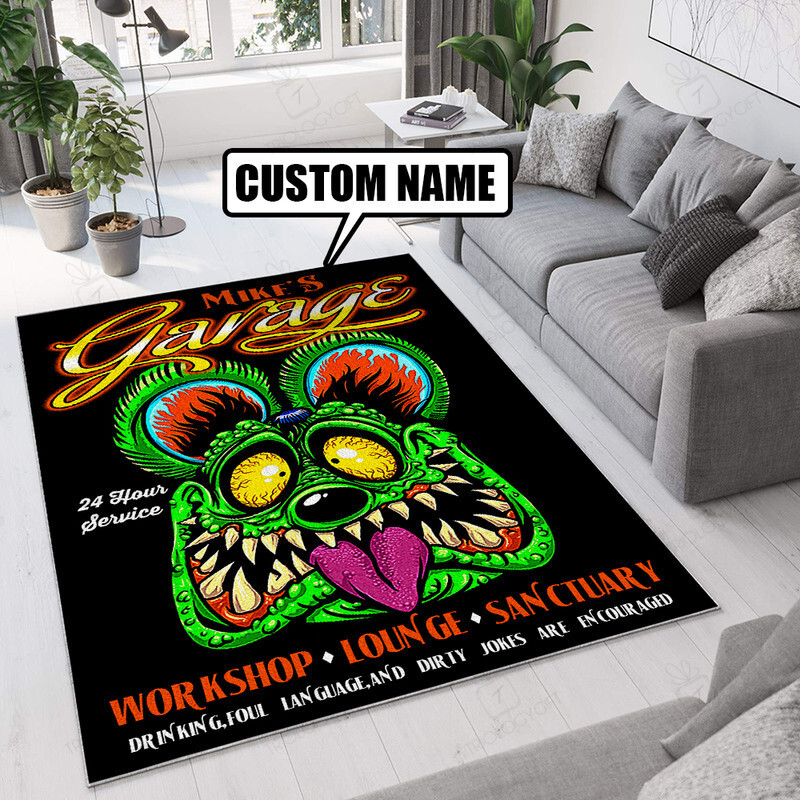 Personalized Rat Fink Hot Rod Garage 24 Hour Service Rug Hot Rod Rug ...