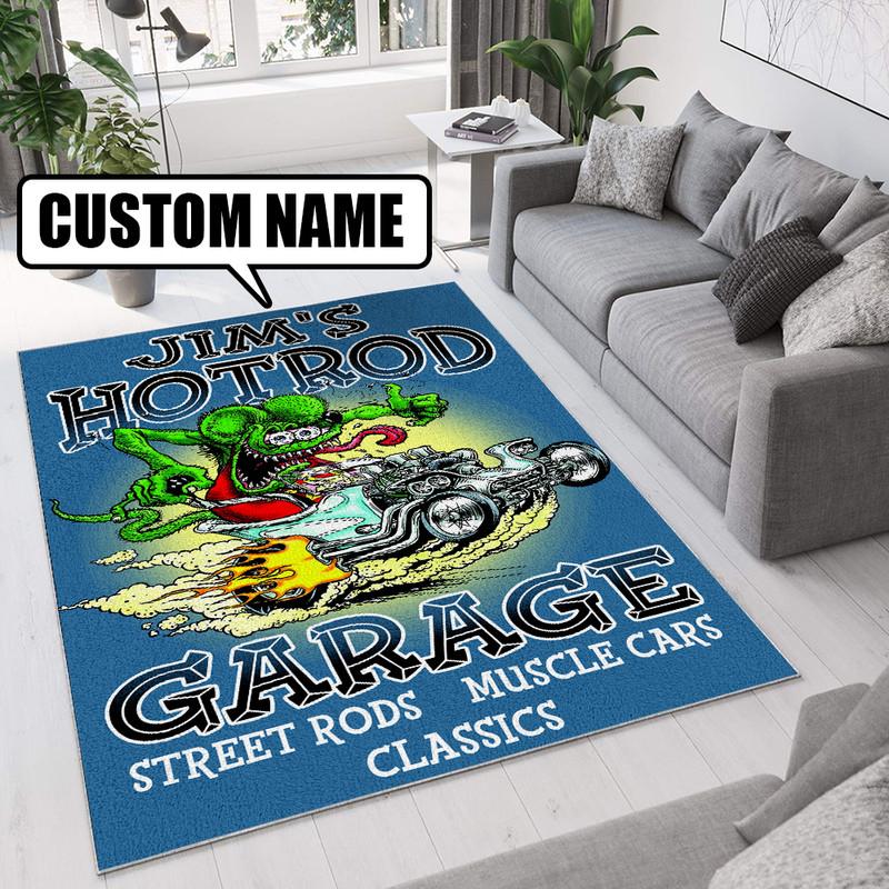 Personalized Rat Fink Hot Rod Garage Area Rug - Make It Your Own ...