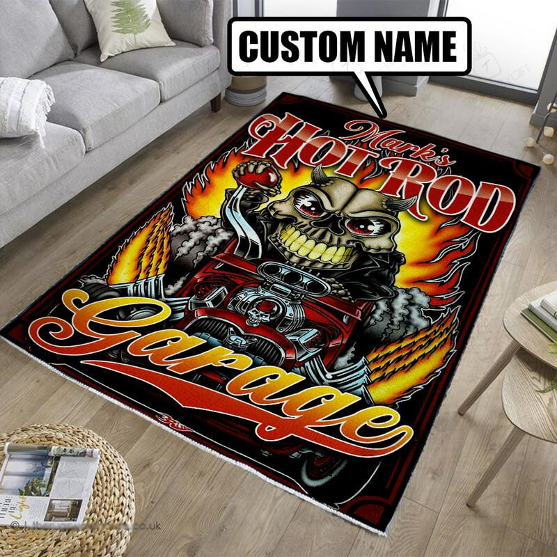 Personalized Skull Hot Rod Rug for Garage Decoration - Bluefink