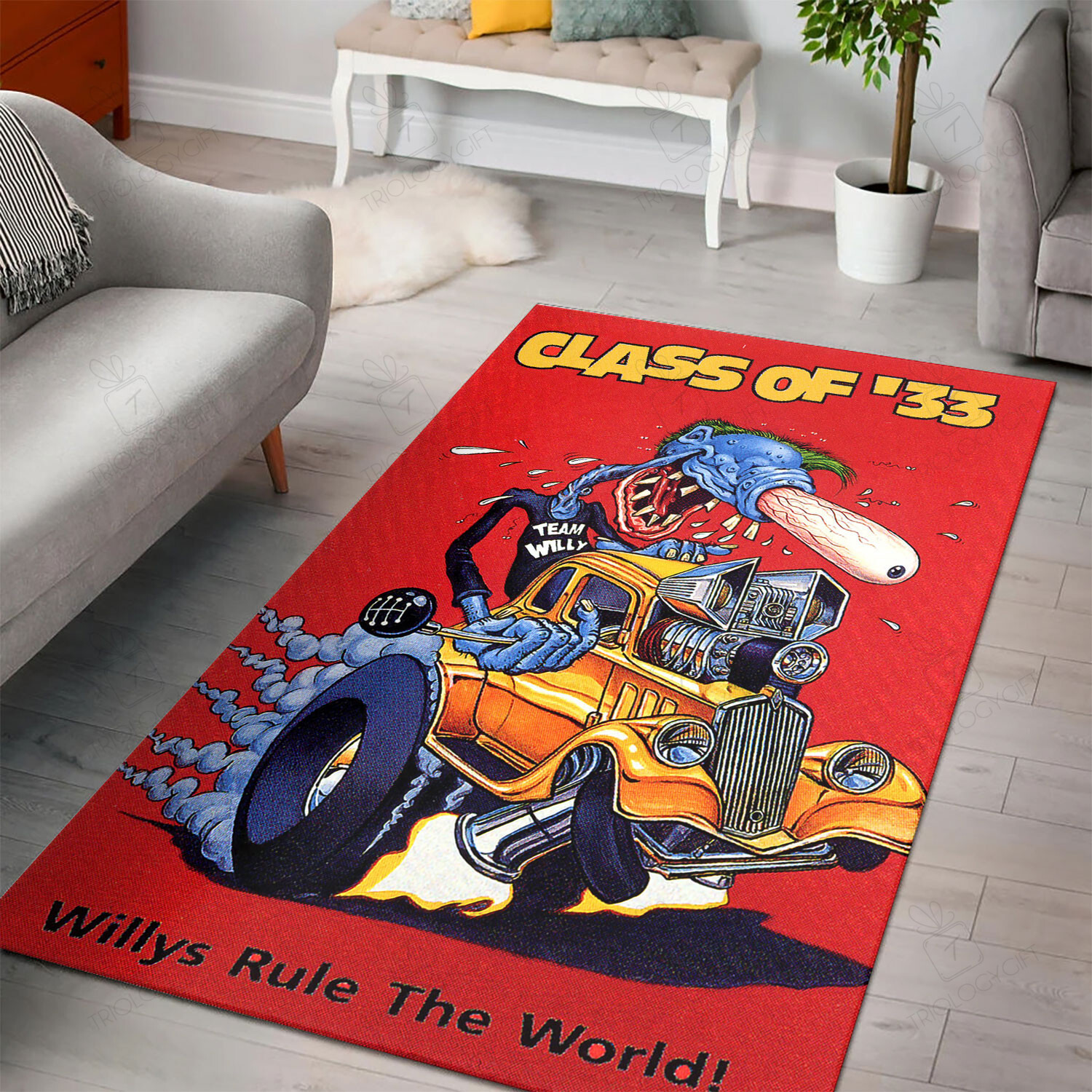 Rat Fink 33 Willys Rule The World Rug Hot Rod Rug for Garage - Bluefink