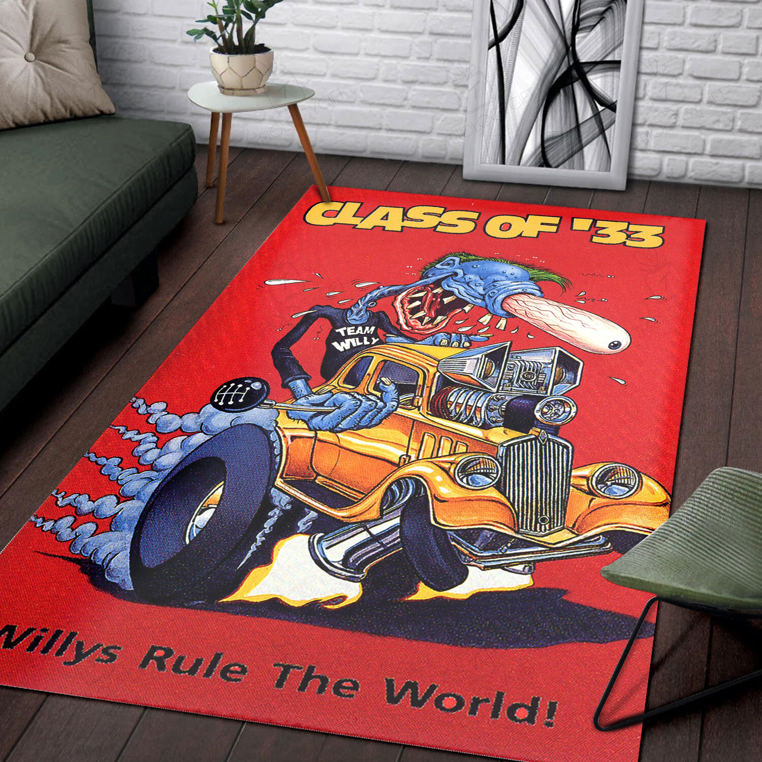 Rat Fink 33 Willys Rule The World Rug Hot Rod Rug for Garage - Bluefink