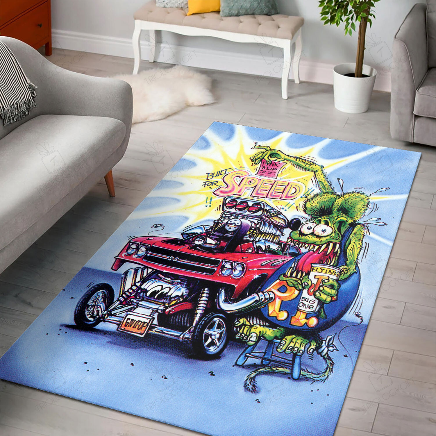 Rat Fink Built for Speed Rug Hot Rod Rug for Garage - Bluefink