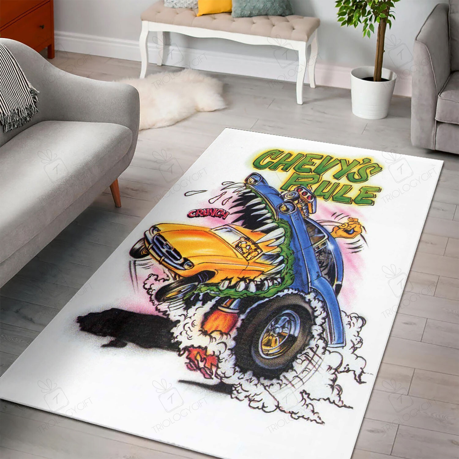 Rat Fink Chevys Rule Rug Hot Rod Rug for Garage - Bluefink