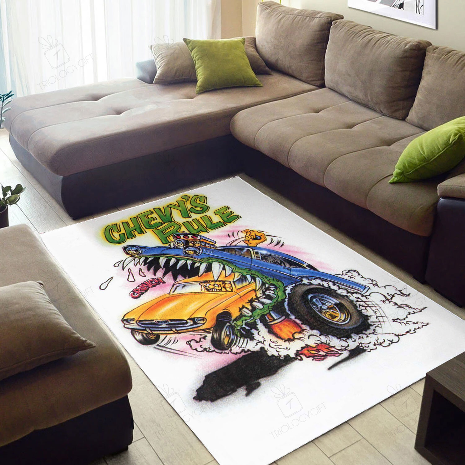 Rat Fink Chevys Rule Rug Hot Rod Rug for Garage - Bluefink