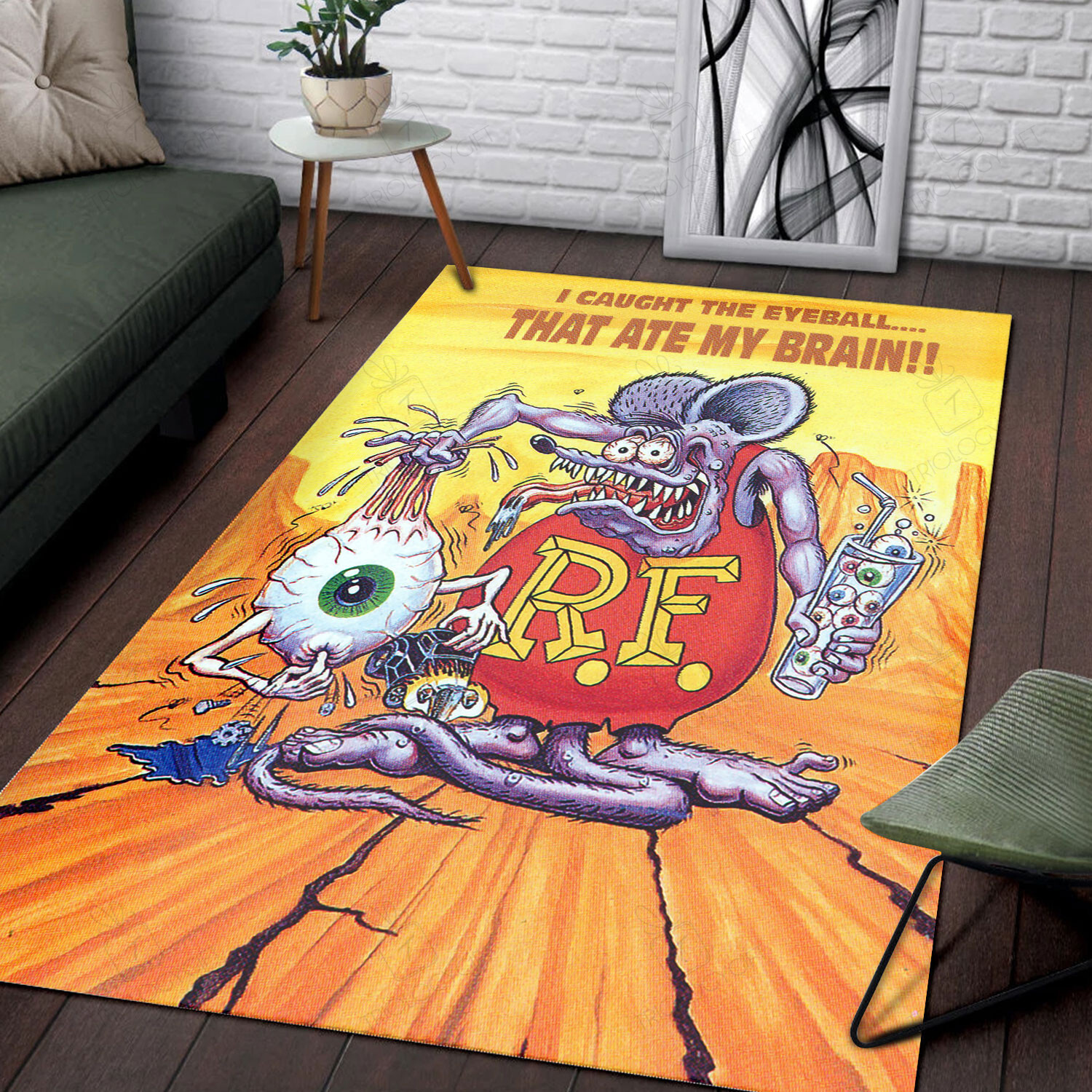 Rat Fink Eyeball Brain Hot Rod Rug for Garage - Bluefink
