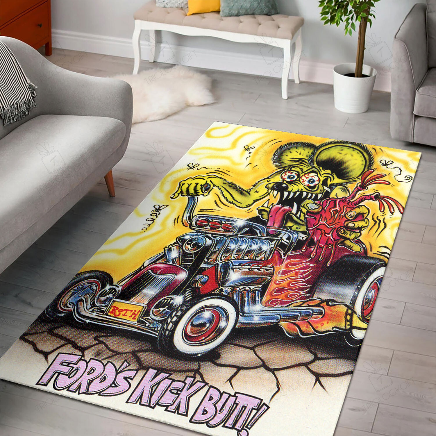 Rat Fink Fords Kick Butt Rat Fink Rug Hot Rod Rug for Garage - Bluefink