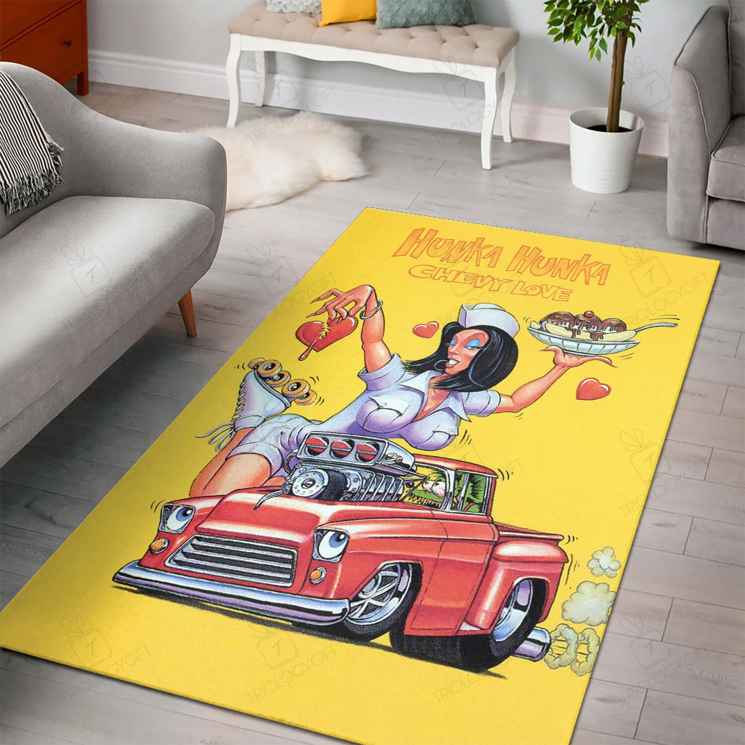 Rat Fink Hunka Kunka Chevy Love Rug Hot Rod Rug for Garage - Bluefink
