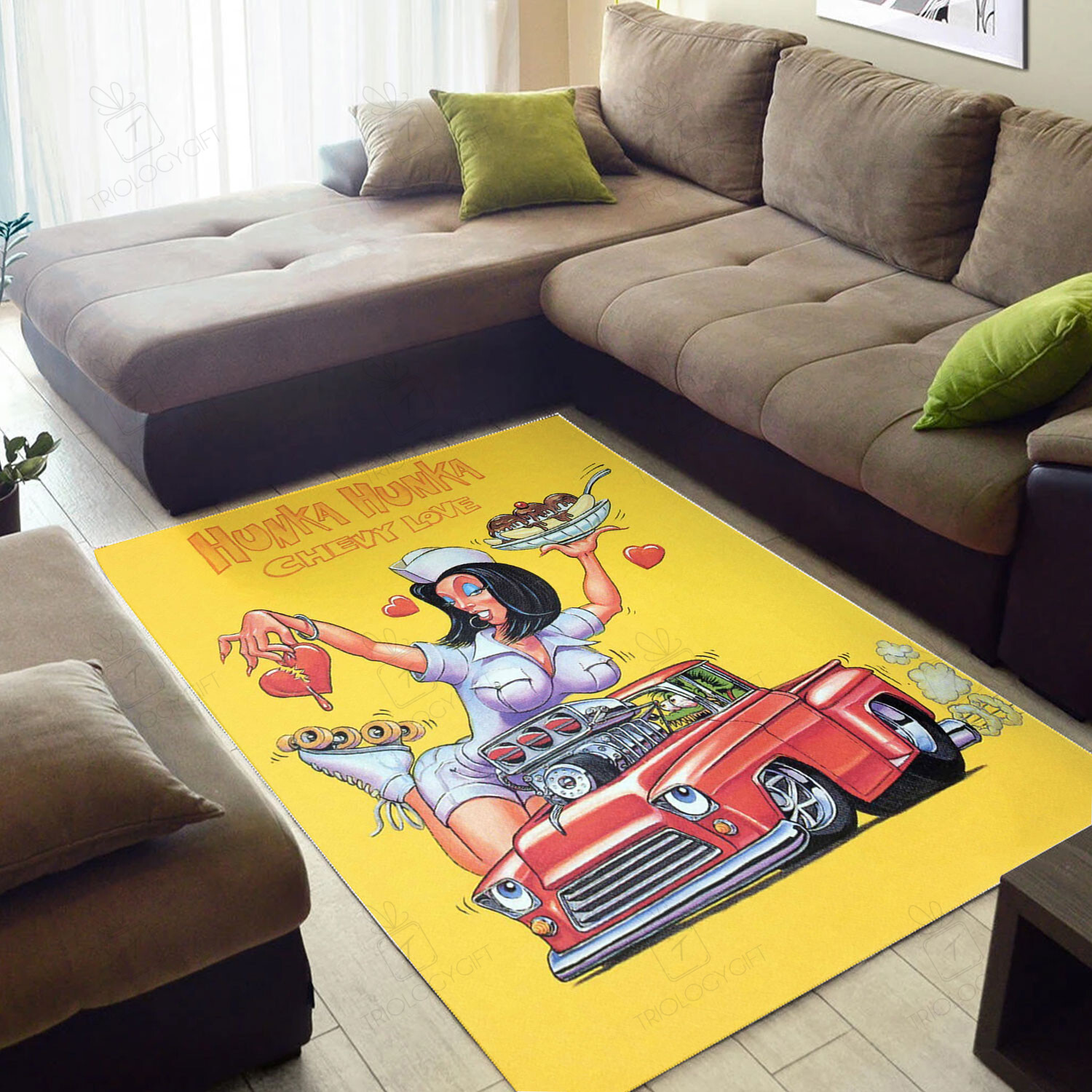 Rat Fink Hunka Kunka Chevy Love Rug Hot Rod Rug for Garage - Bluefink