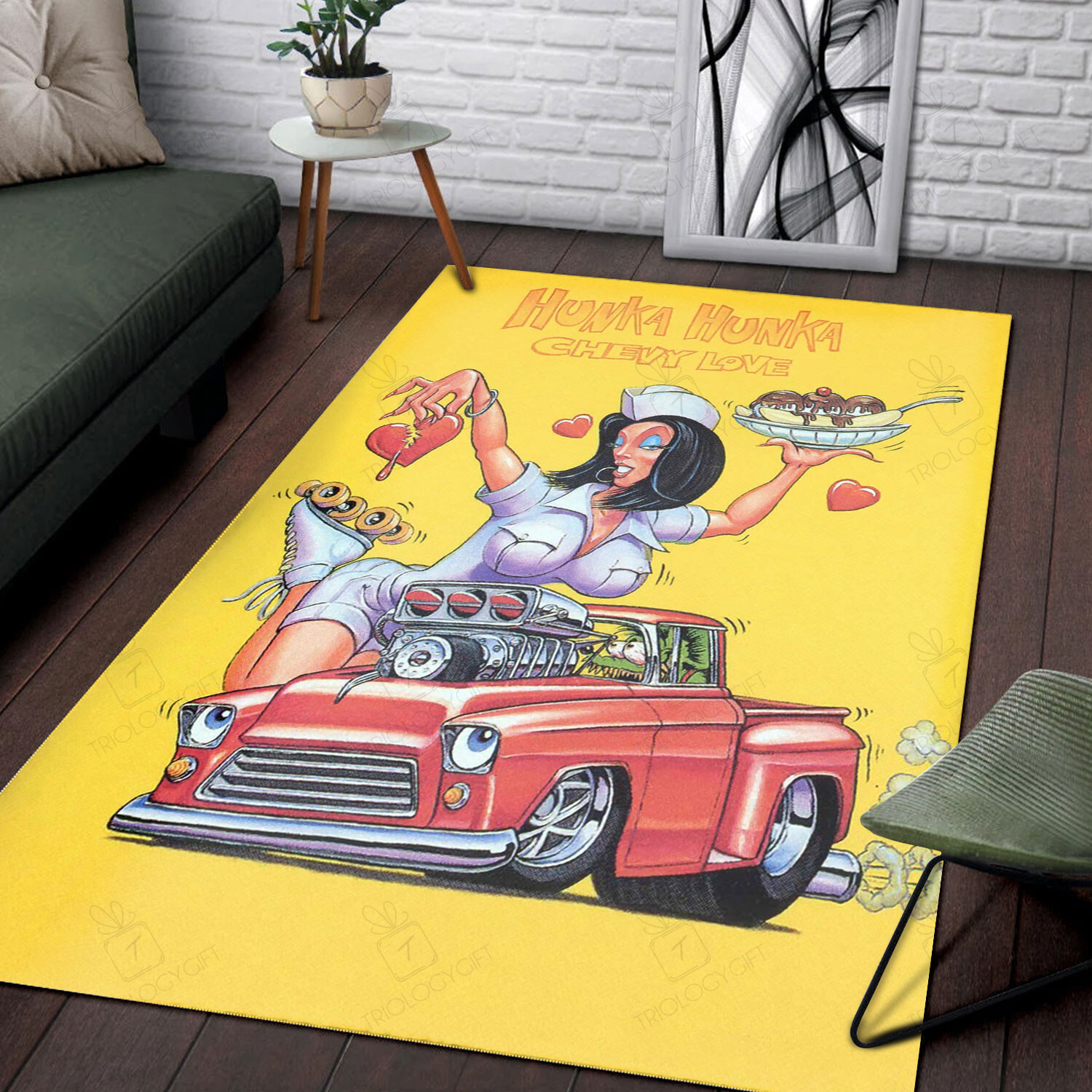 Rat Fink Hunka Kunka Chevy Love Rug Hot Rod Rug for Garage - Bluefink