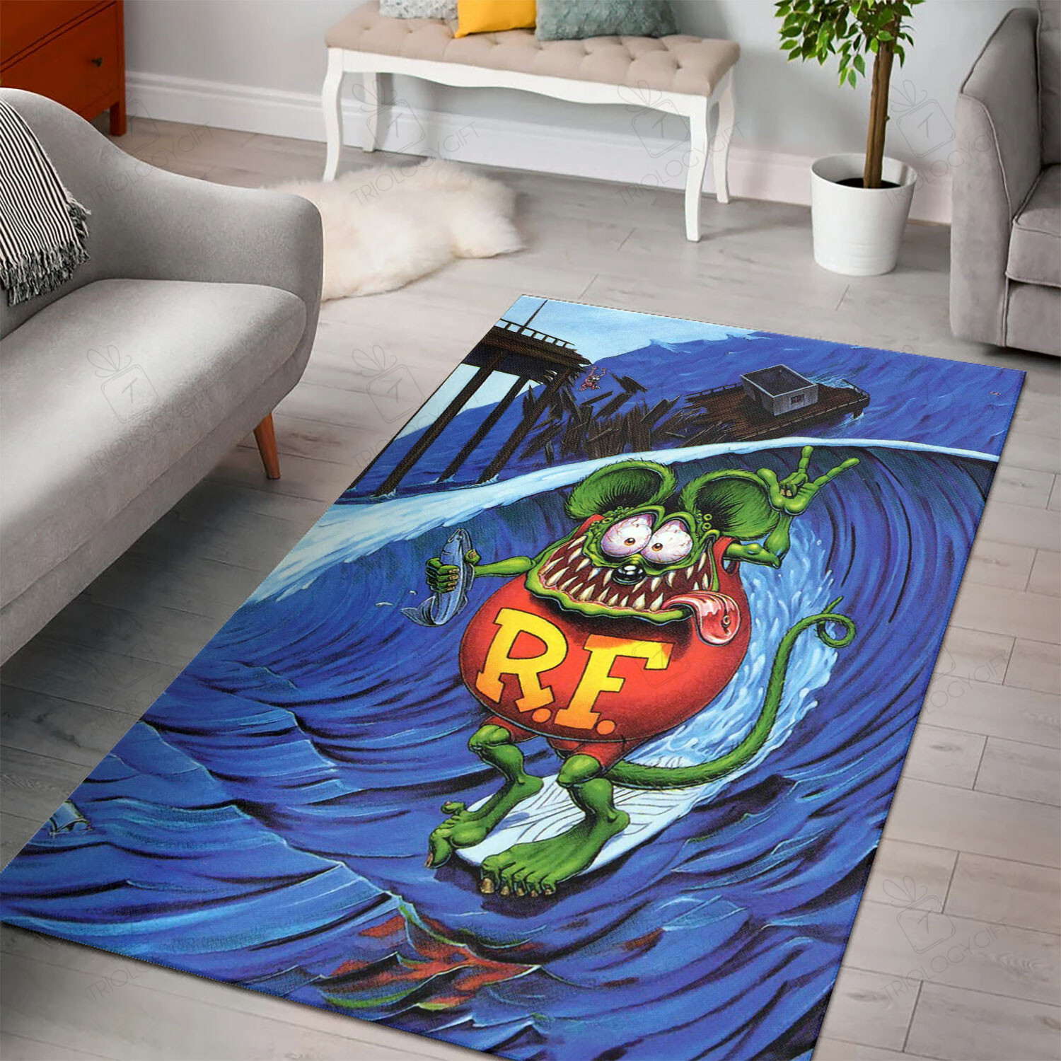 Rat Fink Love To Surf Rug Hot Rod Rug for Garage - Bluefink