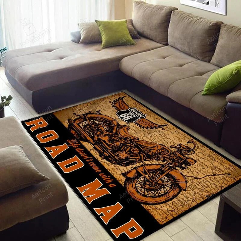 Vintage Road Map Route 66 Motorcycle Area Rug - Retro Style Rug for Hot ...