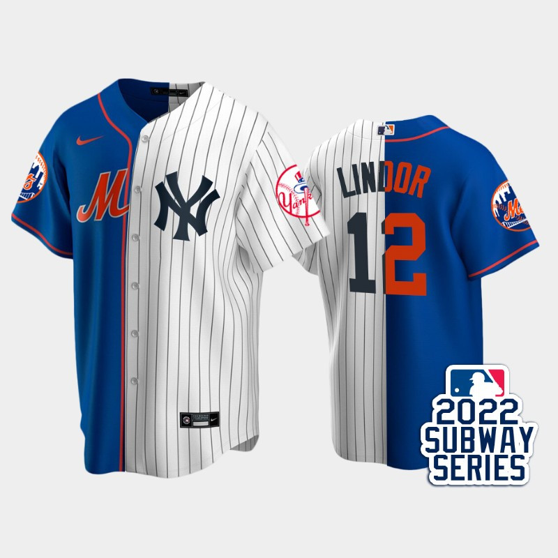 2022-23 Subway Series New York Mets 12 Francisco Lindor Split Royal White Jersey - Bluefink