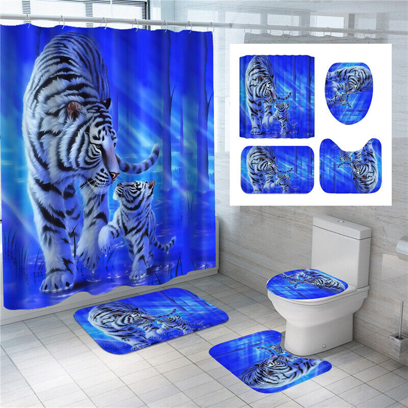 3D Tiger Blue Pedestal Bathroom Shower Curtain Home Decor - Bluefink