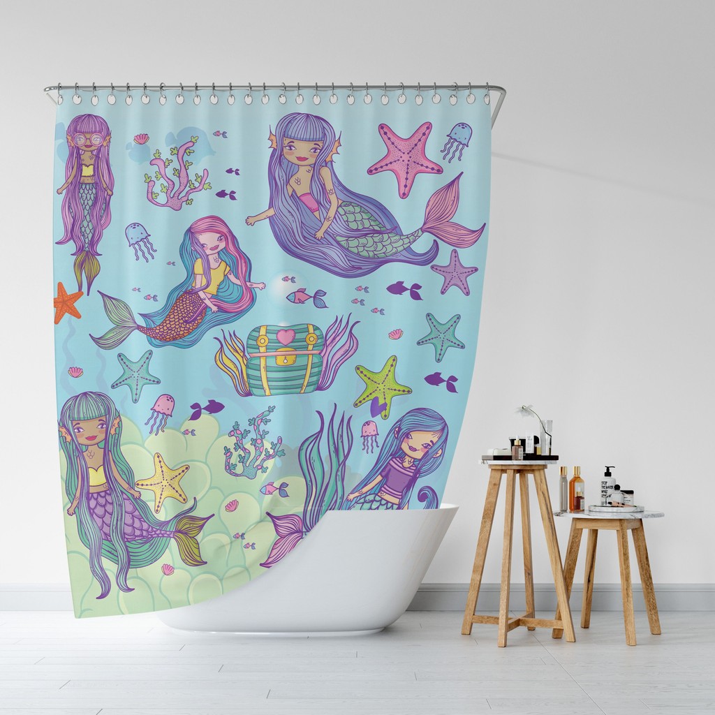 Adorable and Cute Rainbow Little Whimsical Mermaid Anime Shower Curtain ...